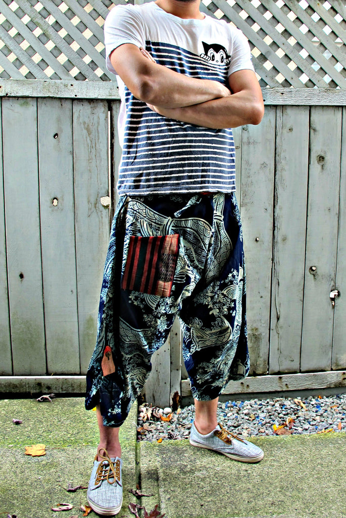 Vintage Waves Flower Koi (INDIGO BLUE) Waist-Tied Samurai Pants - Siamurai